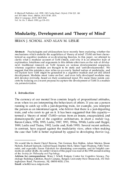 (PDF) Modularity, Development and 'Theory of Mind