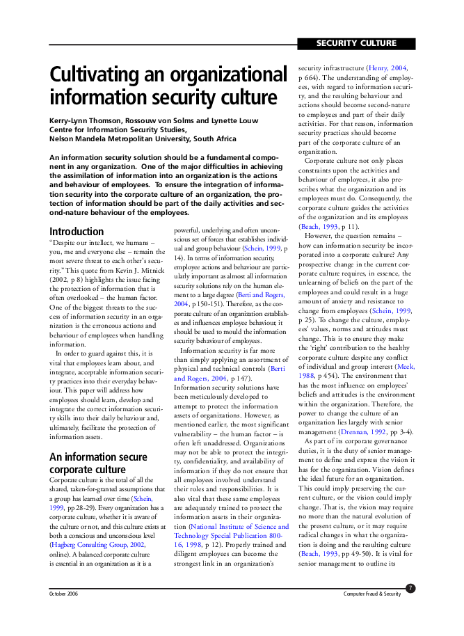 (PDF) Cultivating an organizational information security culture