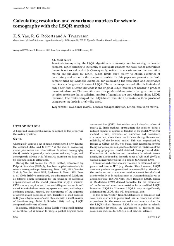 Pdf Calculating Resolution And Covariance Matrices For Seismic