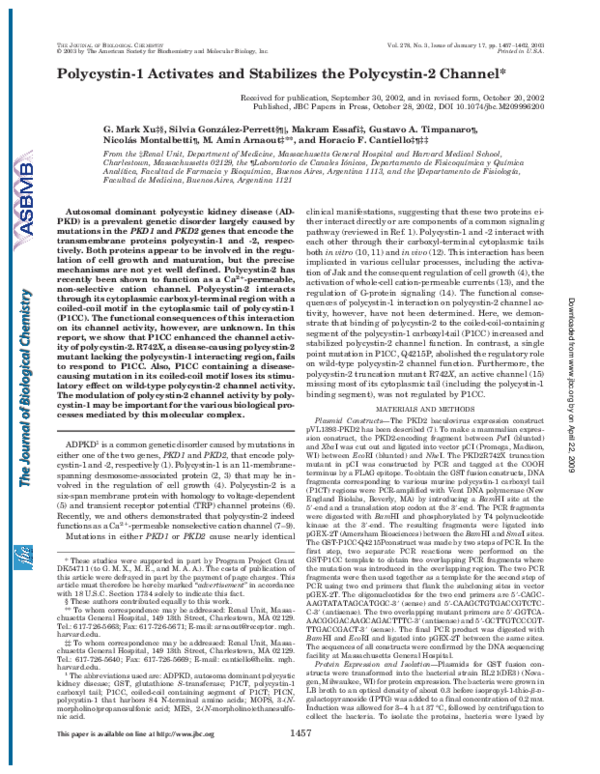 (PDF) Polycystin-1 Activates and Stabilizes the Polycystin-2 Channel