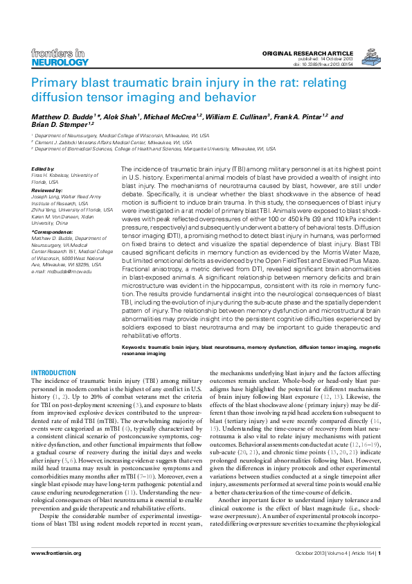 (PDF) Primary Blast Traumatic Brain Injury in the Rat: Relating ...
