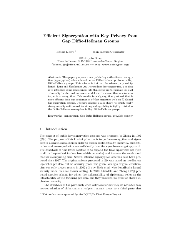 (PDF) Efficient Signcryption with Key Privacy from Gap Diffie-Hellman Groups