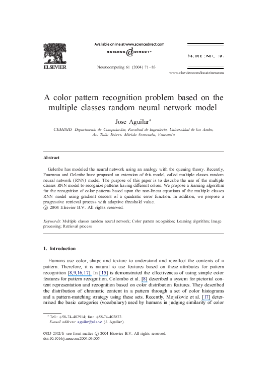 Pdf A Color Pattern Recognition Problem Based On The Multiple Classes Random Neural Network Model