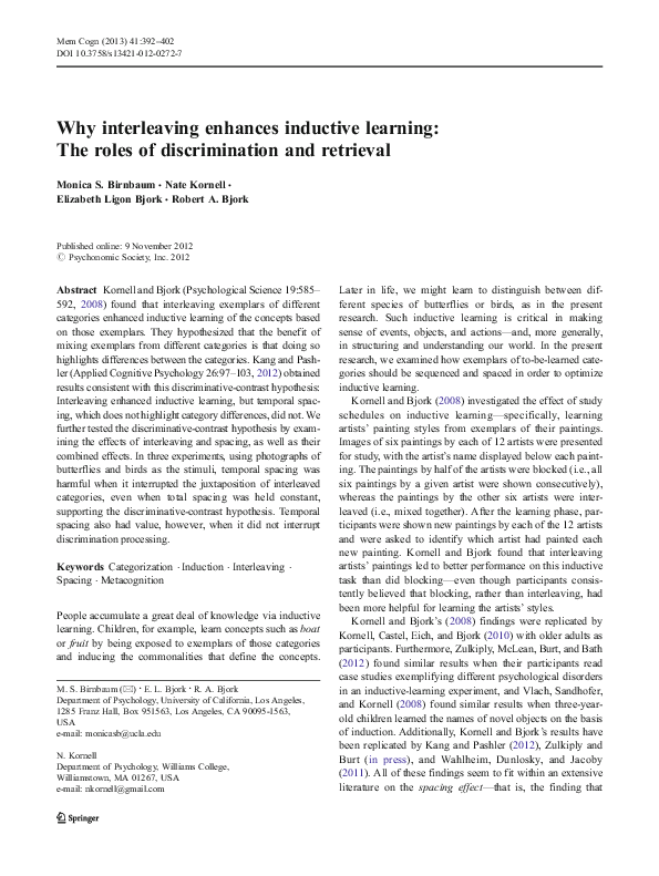 (PDF) Why interleaving enhances inductive learning: The roles of discrimination and retrieval