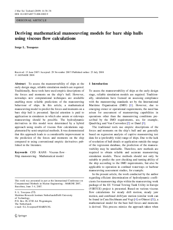 (PDF) Deriving mathematical manoeuvring models for bare ship hulls using viscous flow calculations