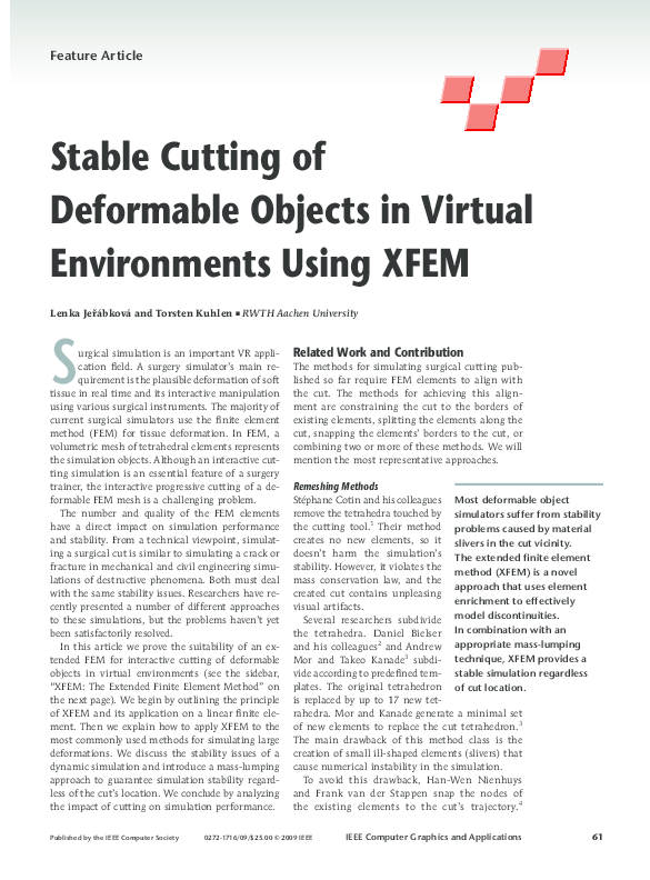 (PDF) Stable Cutting of Deformable Objects in Virtual Environments Using XFEM