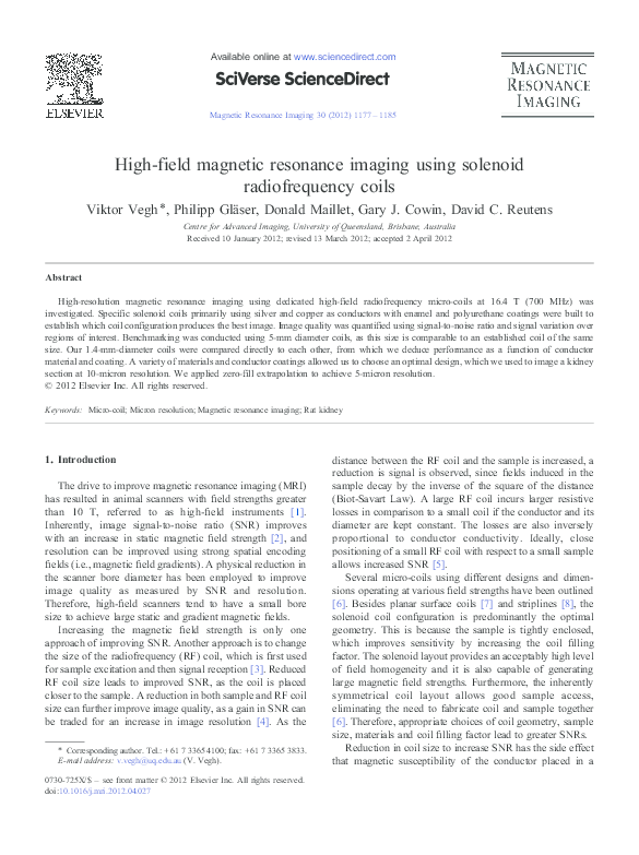(PDF) High-field magnetic resonance imaging using solenoid radiofrequency coils