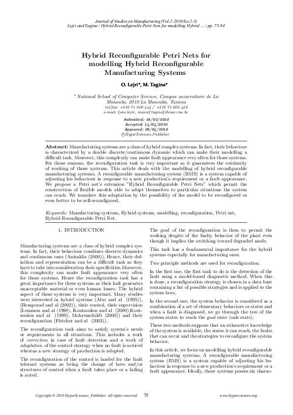 (PDF) Hybrid Reconfigurable Petri Nets for Flexible Manufacturing Systems