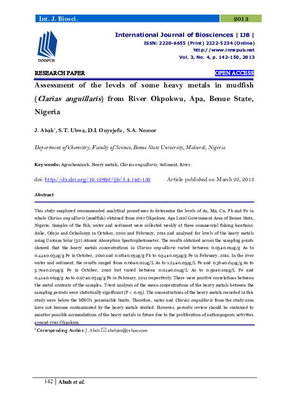 (PDF) Assessment of the levels of some heavy metals in mudfish (Clarias anguillaris) from River ...