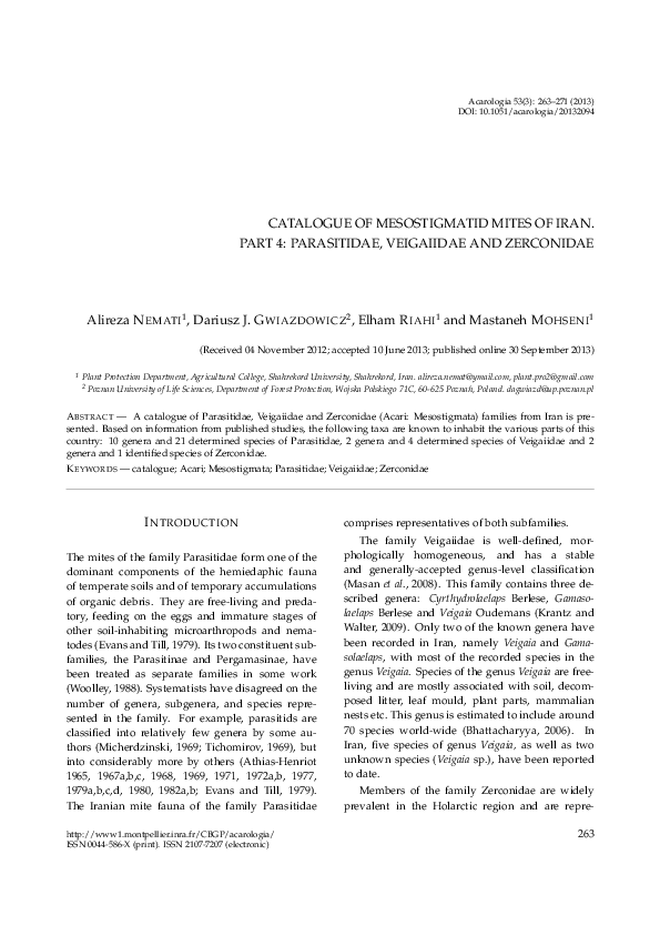 (PDF) Catalogue of Mesostigmatid mites of Iran. Part 4: Parasitidae ...