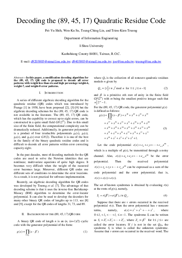 (PDF) On Decoding of the (89, 45, 17) Quadratic Residue Code