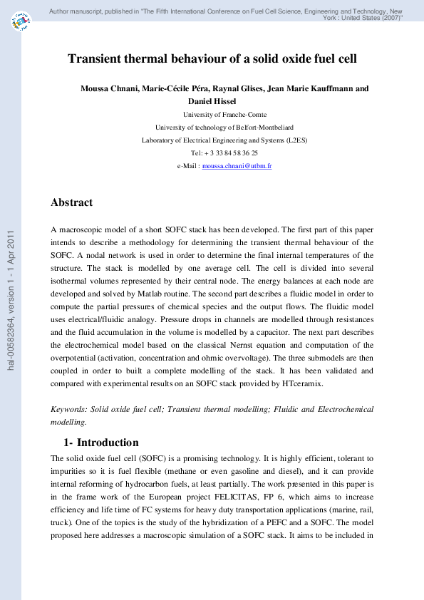 Pdf Transient Thermal Behaviour Of A Solid Oxide Fuel Cell