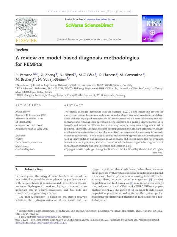 (PDF) A review on model-based diagnosis methodologies for PEMFCs