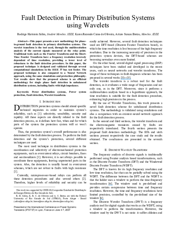 (PDF) Fault detection in primary distribution systems using wavelets
