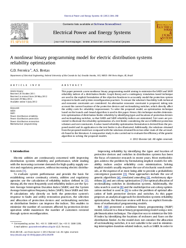 Pdf A Nonlinear Binary Programming Model For Electric Distribution Systems Reliability 