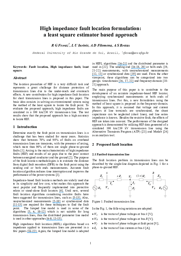 (PDF) High impedance fault location formulation: a least square estimator based approach