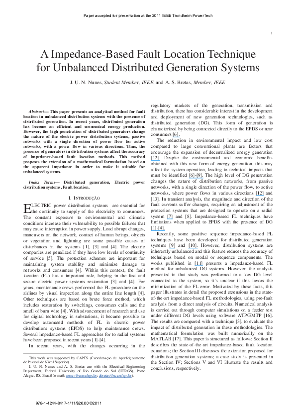 (PDF) A impedance-based fault location technique for unbalanced distributed generation systems