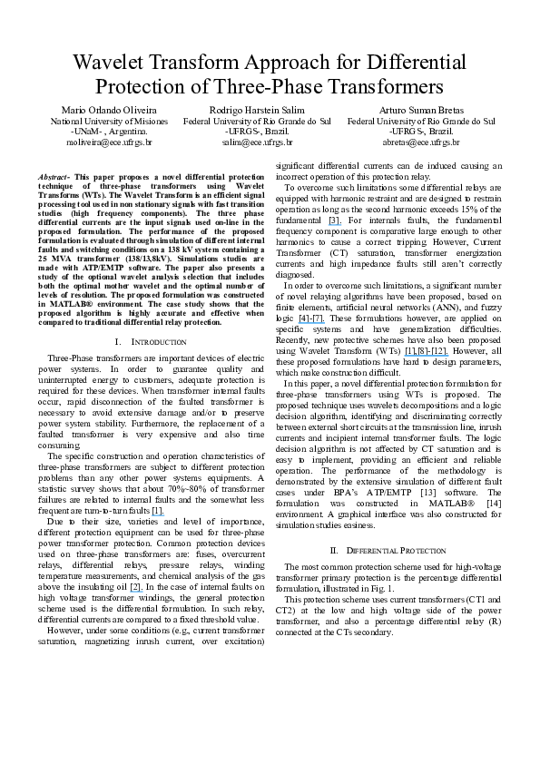 Pdf Wavelet Transform Approach For Differential Protection Of Three Phase Transformers