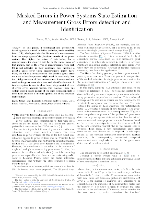 Pdf Masked Errors In Power Systems State Estimation And Measurement