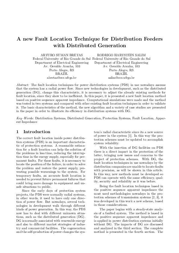 (PDF) A New Fault Location Technique for Distribution Feeders with Distributed Generation