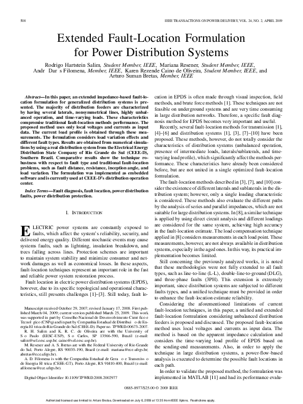 (PDF) Extended Fault-Location Formulation for Power Distribution Systems