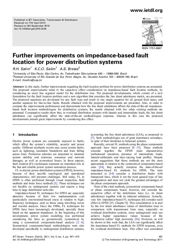 Pdf Further Improvements On Impedance Based Fault Location For Power