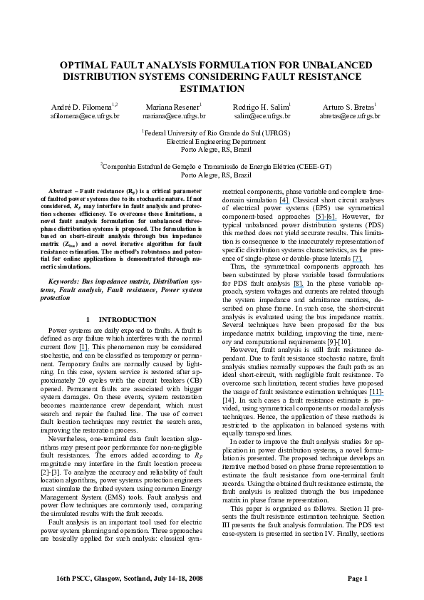 Pdf Optimal Fault Analysis Formulation For Unbalanced Distribution Systems Considering Fault