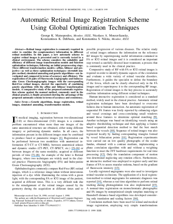 (PDF) Automatic retinal image registration scheme using global optimization techniques