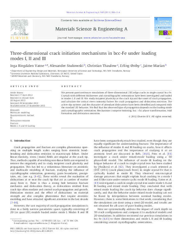 (PDF) Three-dimensional crack initiation mechanisms in bcc-Fe under loading modes I, II and III