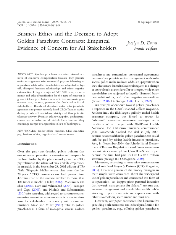 (PDF) Business Ethics and the Decision to Adopt Golden Parachute ...
