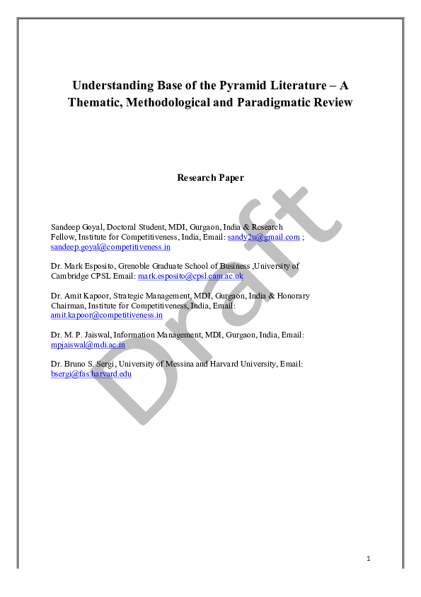 (PDF) Understanding Base of the Pyramid Literature – A Thematic ...