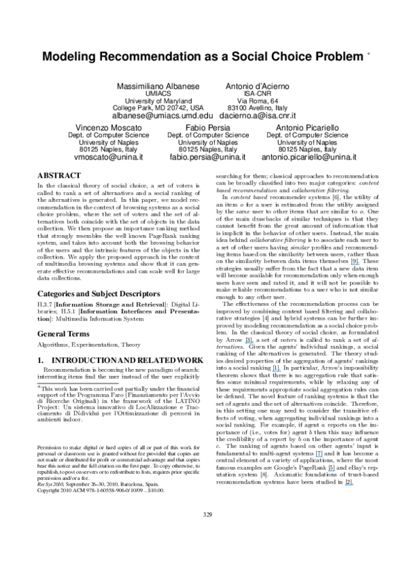 (PDF) Modeling recommendation as a social choice problem