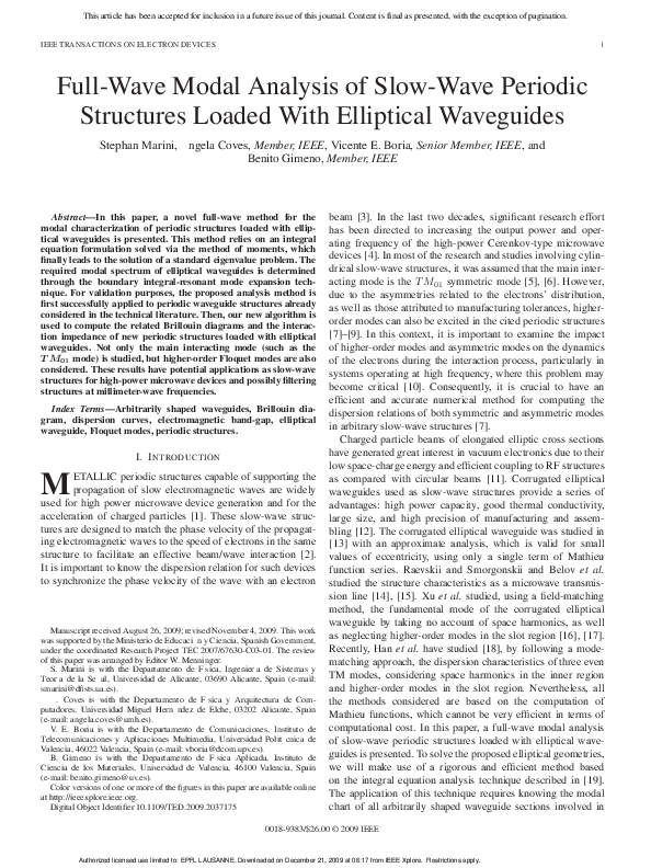 Pdf Full Wave Modal Analysis Of Slow Wave Periodic Structures Loaded With Elliptical Waveguides