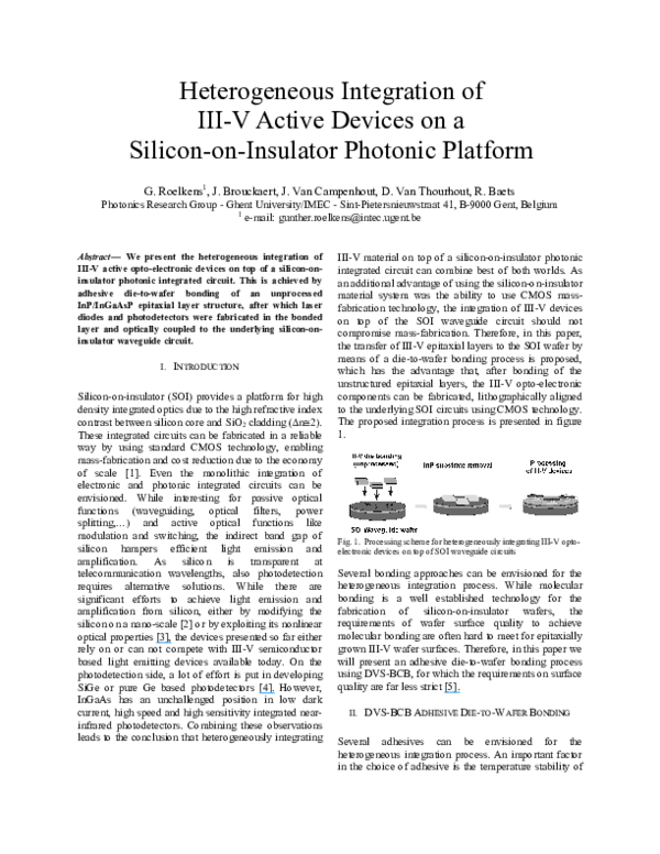 (PDF) Heterogeneous Integration of III-V Active Devices on a Silicon-on-Insulator Photonic Platform