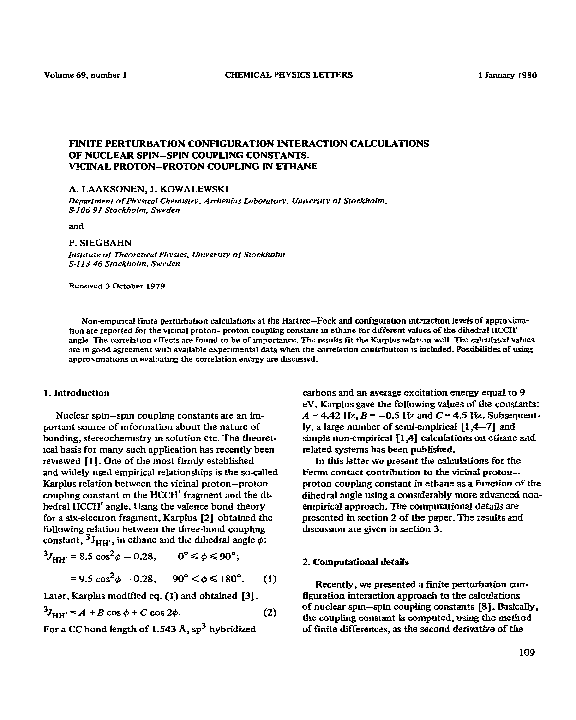 Pdf Finite Perturbation Configuration Interaction Calculations Of Nuclear Spin Spin Coupling