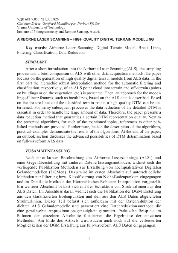 (PDF) Airborne laser scanning – high quality digital terrain modelling
