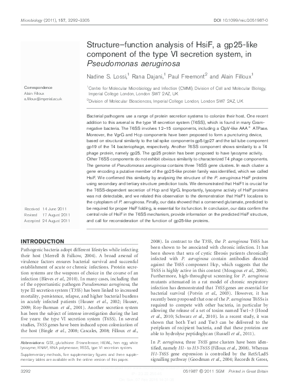 (PDF) Structure-function analysis of HsiF, a gp25-like component of the ...