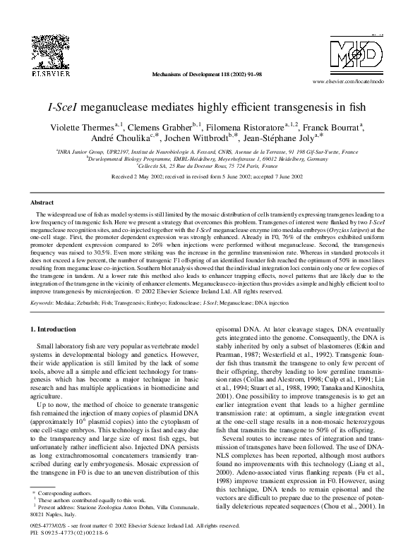 (PDF) I-SceI meganuclease mediates highly efficient transgenesis in fish