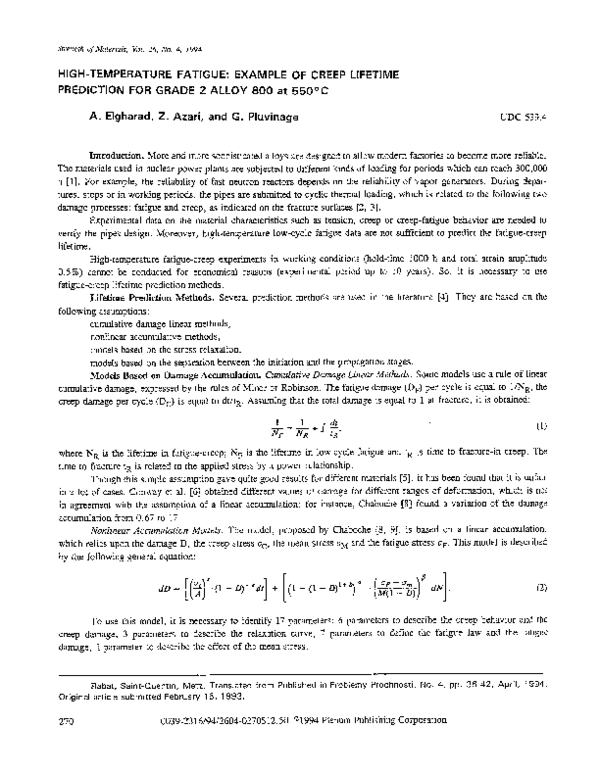 (PDF) High-temperature fatigue: Example of creep lifetime prediction ...
