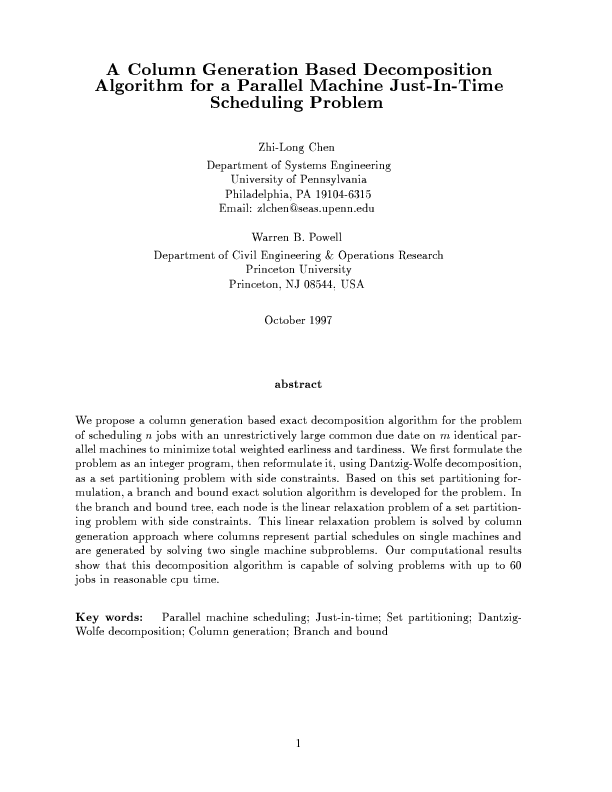 Pdf A Column Generation Based Decomposition Algorithm For A Parallel Machine Just In Time