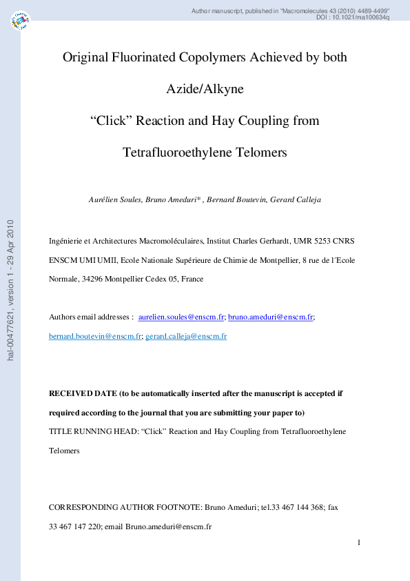 (PDF) Original Fluorinated Copolymers Achieved by Both Azide/Alkyne “Click” Reaction and Hay ...