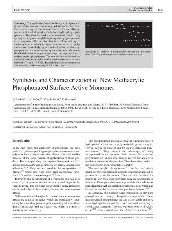 (PDF) Synthesis and Characterization of New Methacrylic Phosphonated ...
