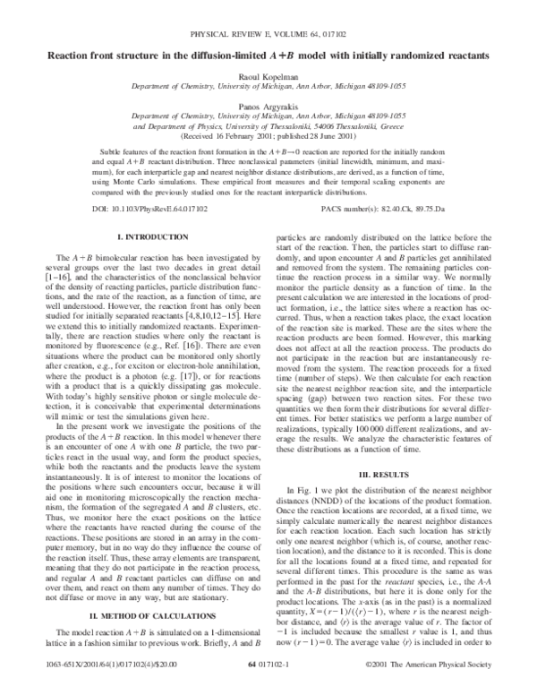 (PDF) Reaction front structure in the diffusion-limited A+B model with initially randomized ...