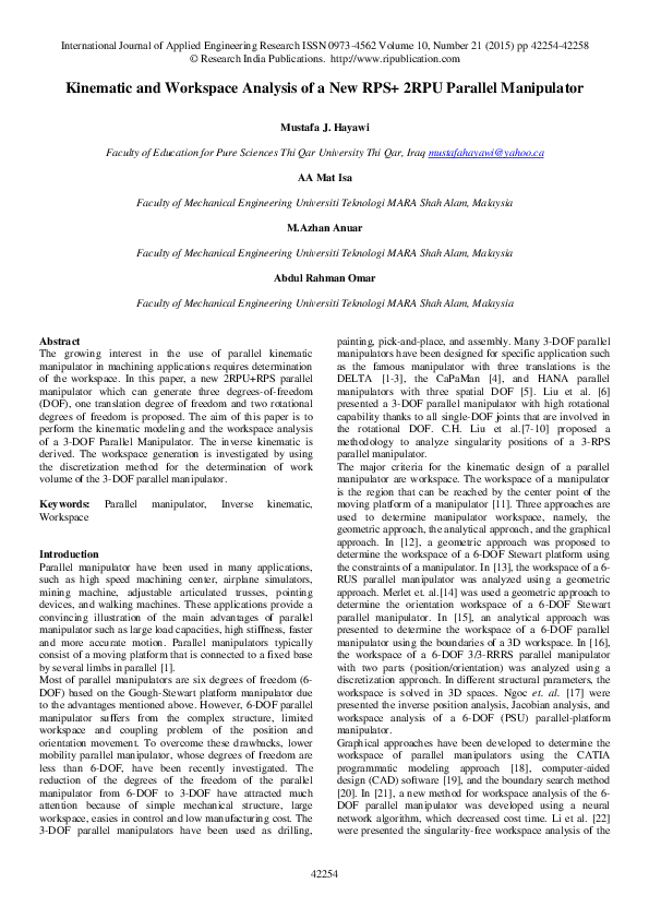 (PDF) Kinematic and Workspace Analysis of a New RPS+ 2RPU Parallel Manipulator