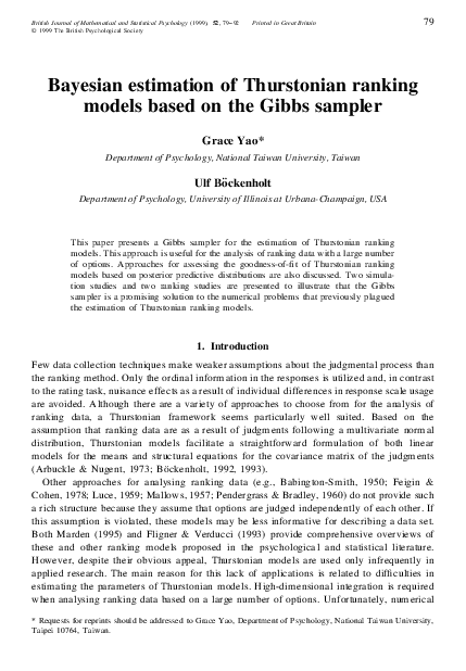 (PDF) Bayesian estimation of Thurstonian ranking models based on the Gibbs sampler
