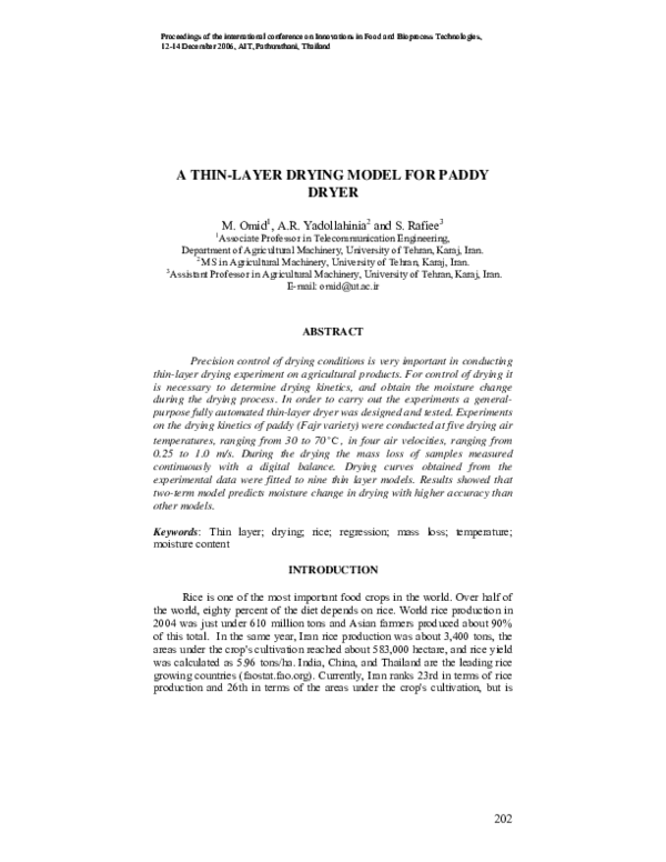 (PDF) A thin-layer drying model for paddy dryer