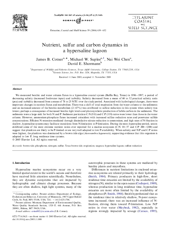 (PDF) Nutrient, sulfur and carbon dynamics in a hypersaline lagoon