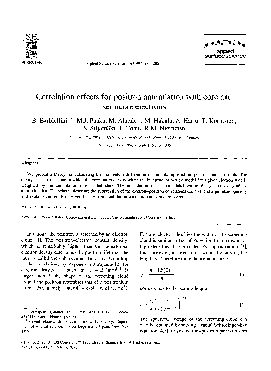 (PDF) Correlation effects for positron annihilation with core and semicore electrons | Ari Harju ...