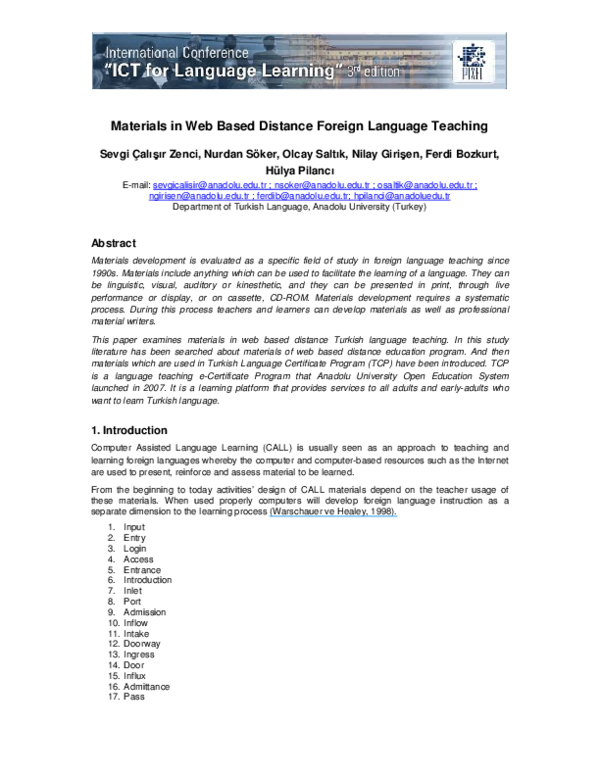 (PDF) Materials in Web Based Distance Foreign Language Teaching