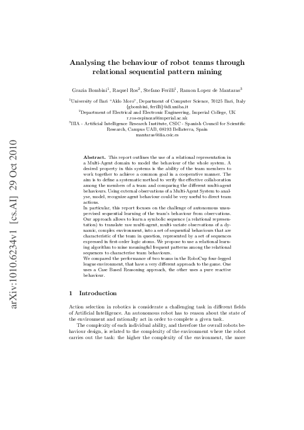 (PDF) Analysing the Behaviour of Robot Teams through Relational Sequential Pattern Mining